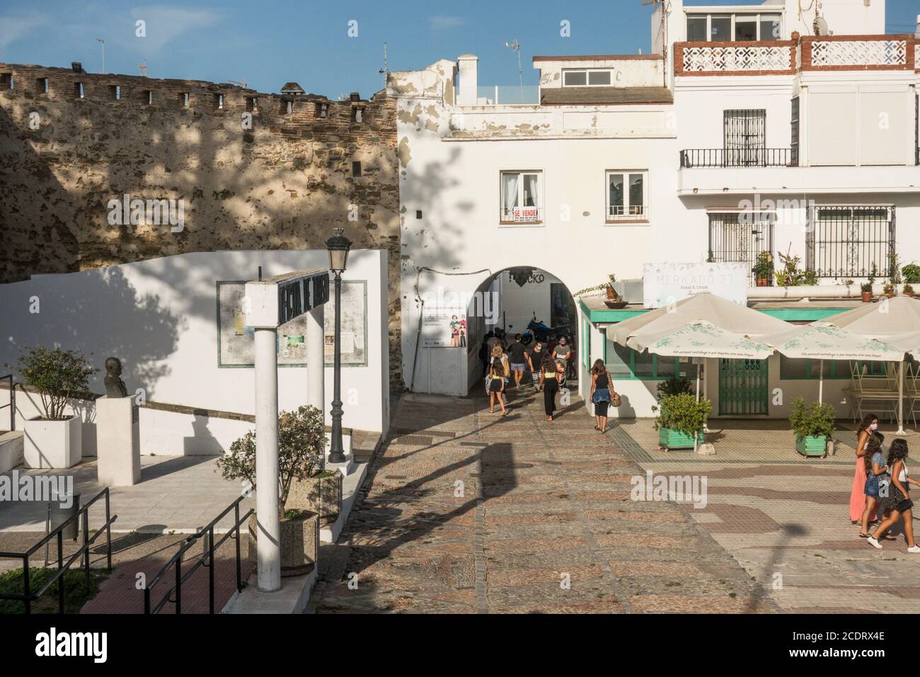 Tarifa Spain. Entrance to Central covered market in Tarifa, and ancient ...