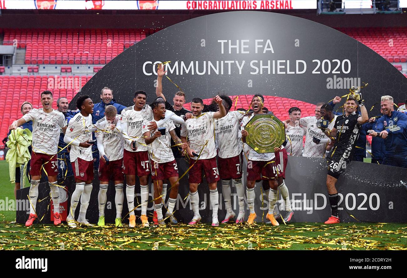 Arsenal lift the trophy after winning the Community Shield at Wembley Stadium, London Stock ...