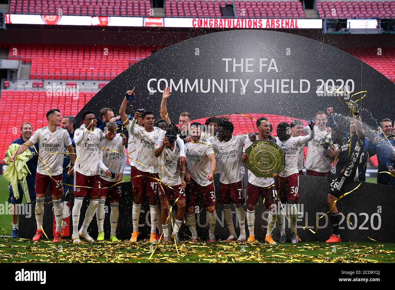 Arsenal lift the trophy after winning the Community Shield at Wembley ...