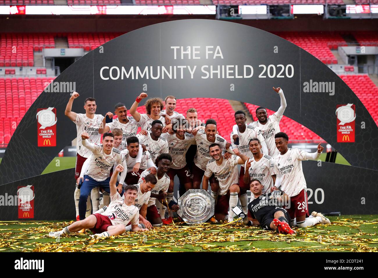 Arsenal players celebrate with the trophy during the Community Shield ...