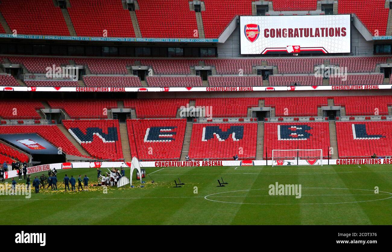 Arsenal players lift the trophy during the Community Shield at Wembley ...