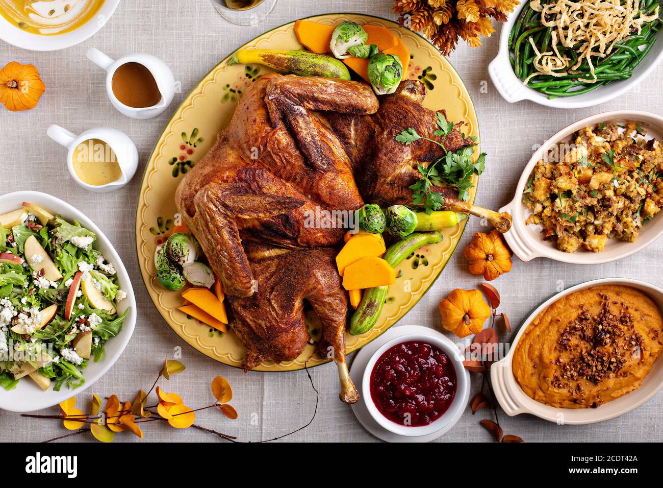Traditional Thanksgiving table with turkey and sides Stock Photo - Alamy