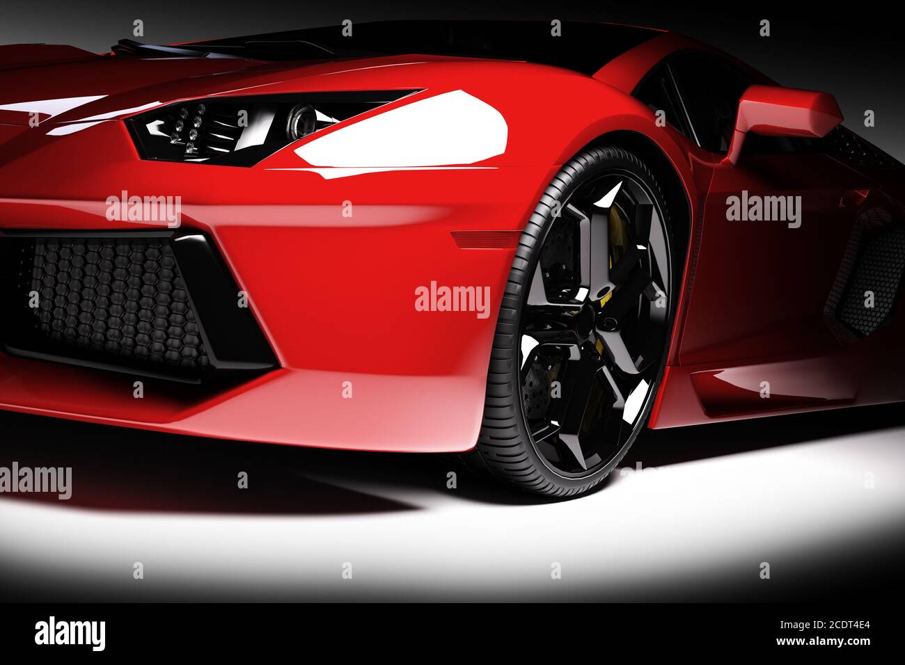 Red fast sports car in spotlight, black background. Shiny, new ...
