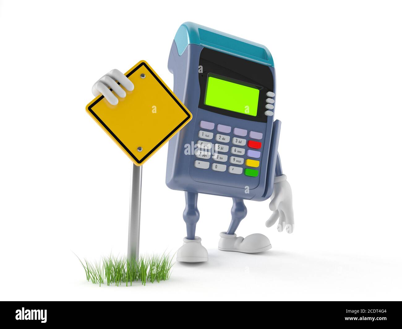 Credit card reader character with blank road sign isolated on white ...
