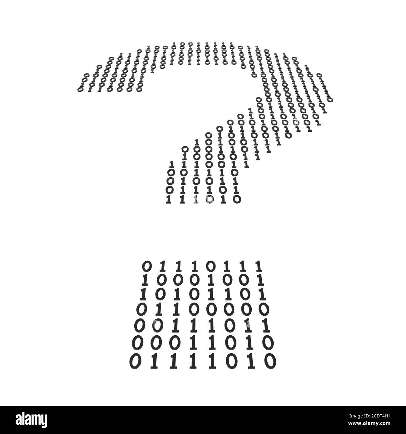 Black binary code text forming a shape of a question mark on a white ...