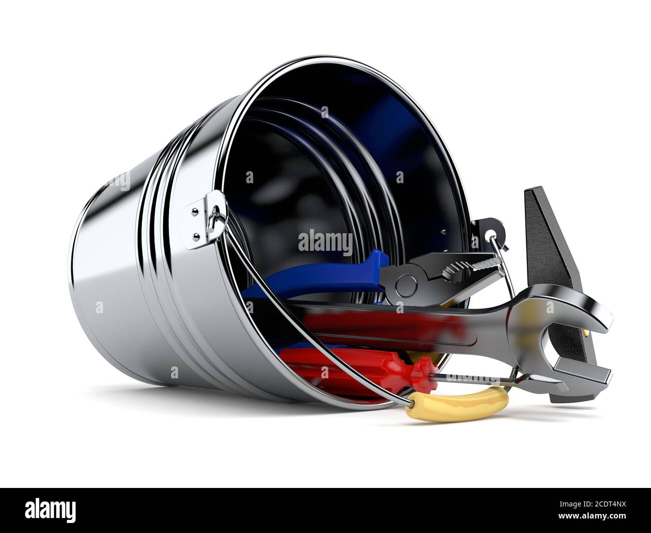 Work tools inside metal bucket isolated on white background Stock Photo ...
