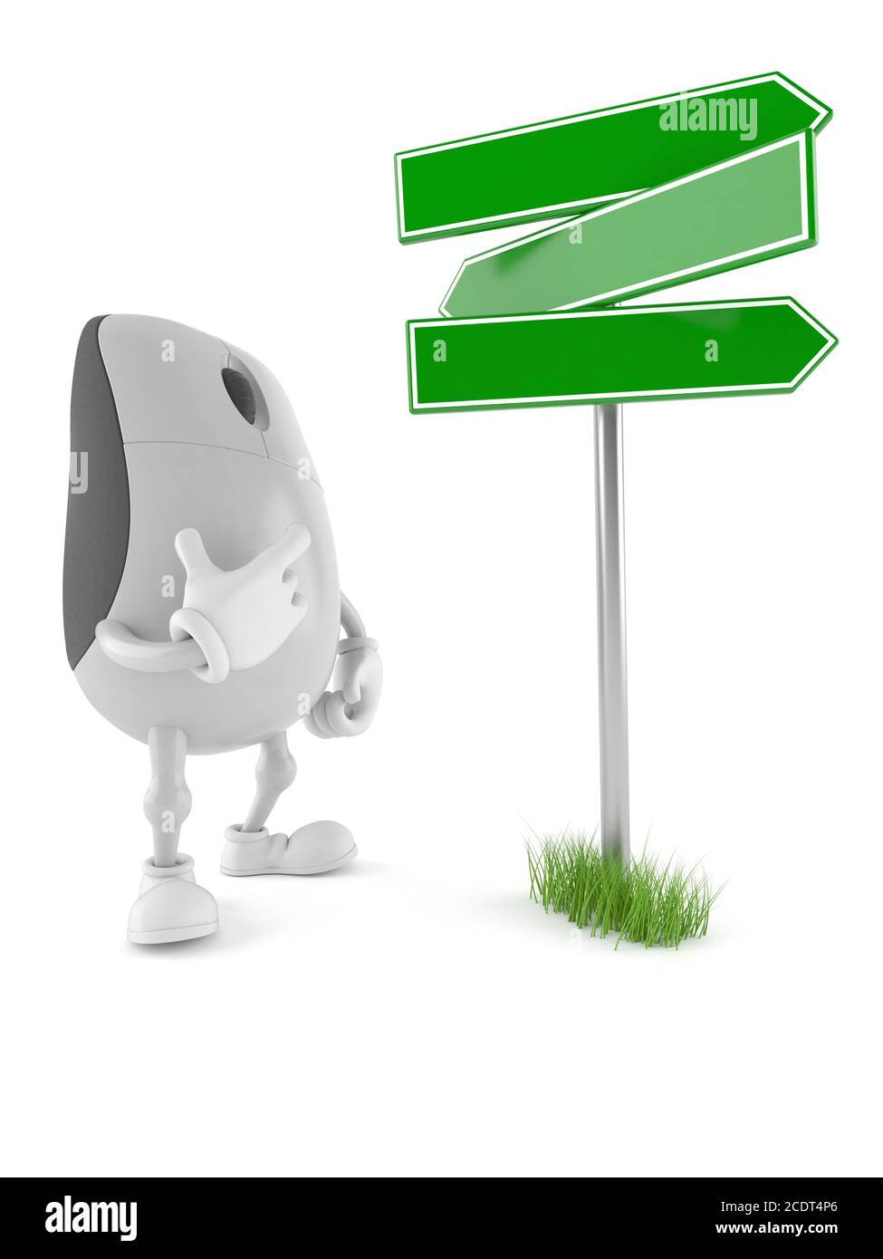 Computer mouse character with blank signpost isolated on white ...