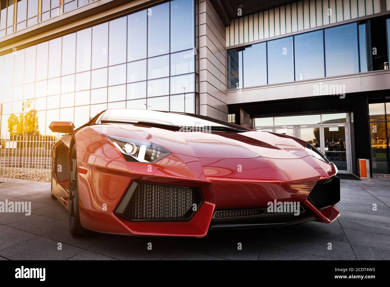 Red fast sports car in modern urban setting. Generic, brandless design ...