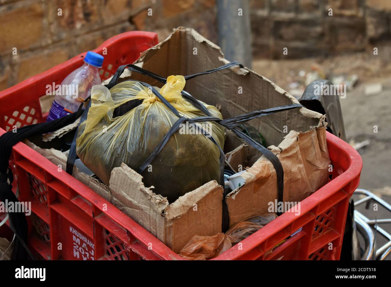 essential grocery items in a crate Stock Photo - Alamy