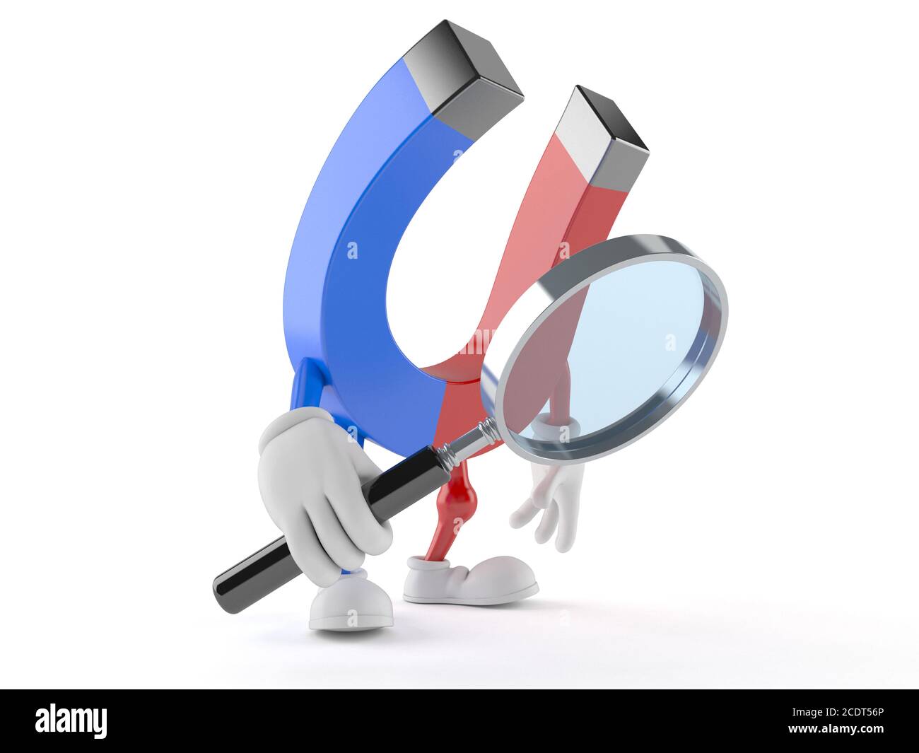 Magnet character looking through magnifying glass isolated on white ...
