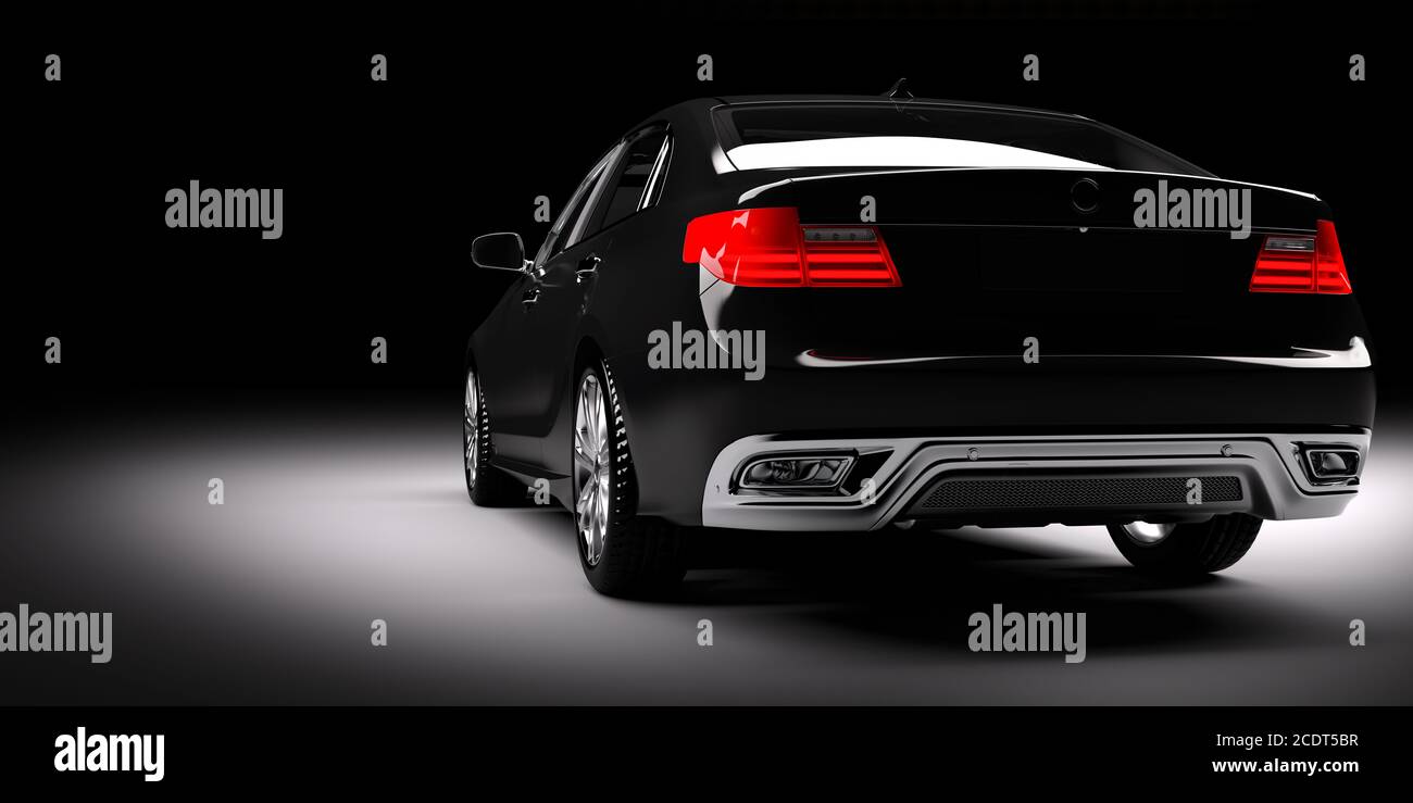 New black metallic sedan car in spotlight. Modern desing, brandless ...