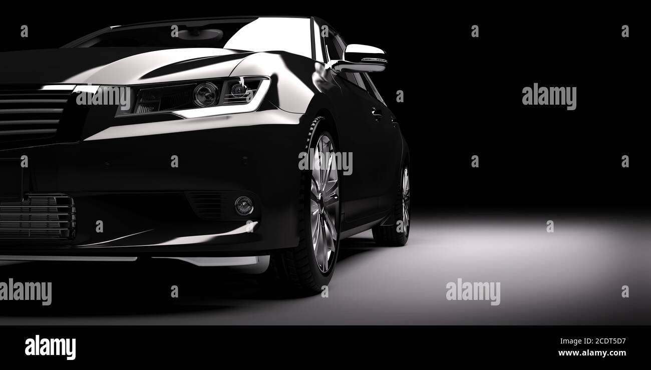 New black metallic sedan car in spotlight. Modern desing, brandless ...