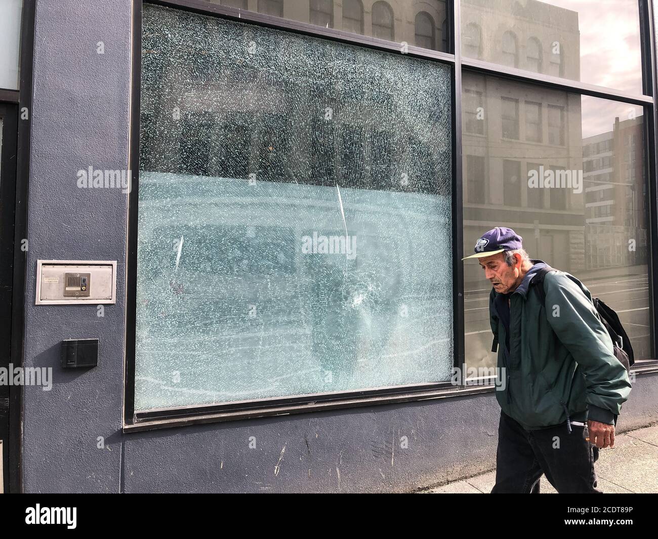 Seattle, USA - Apr 29, 2020: Late in the day during covid-19 a busted ...