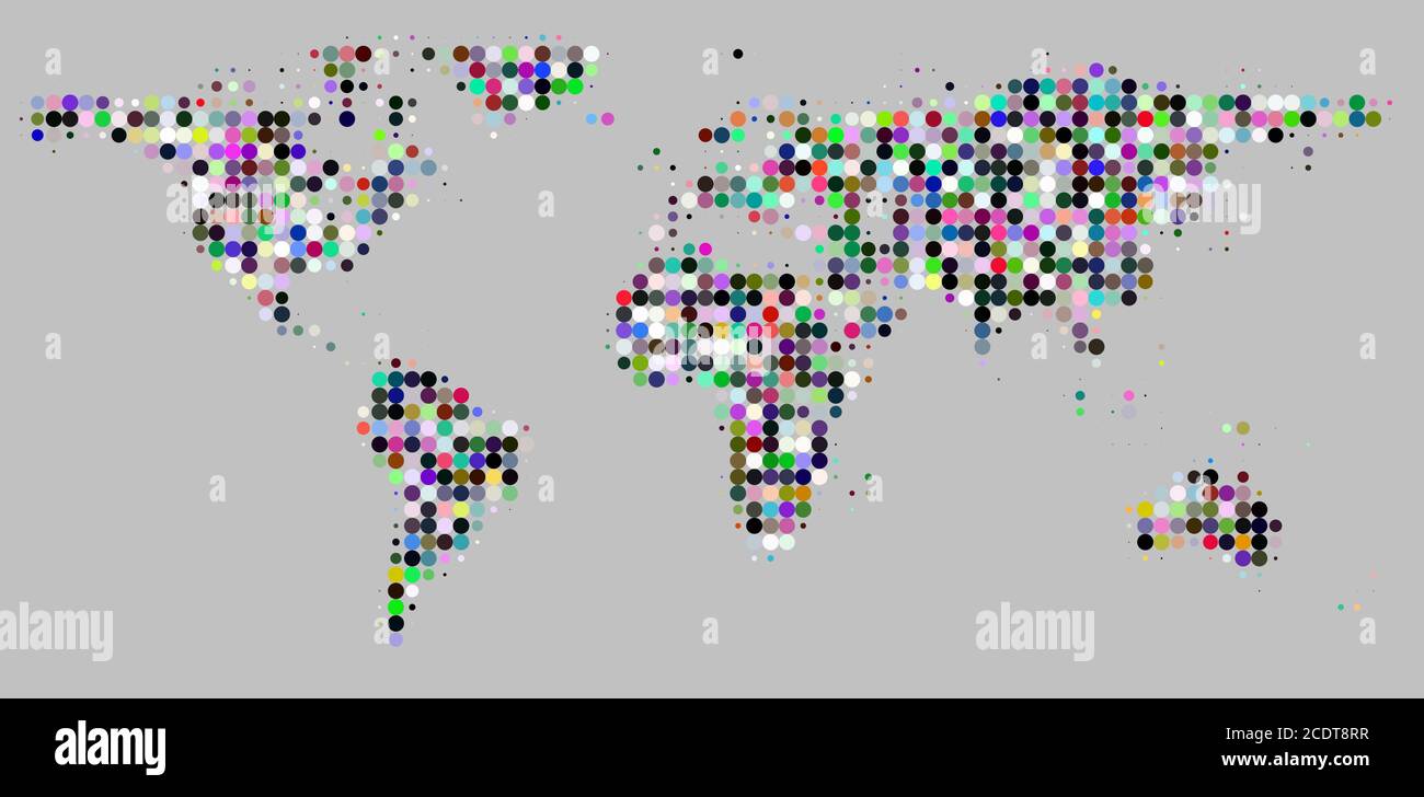 World map with colourful circle dots grid pattern textured and isolated ...