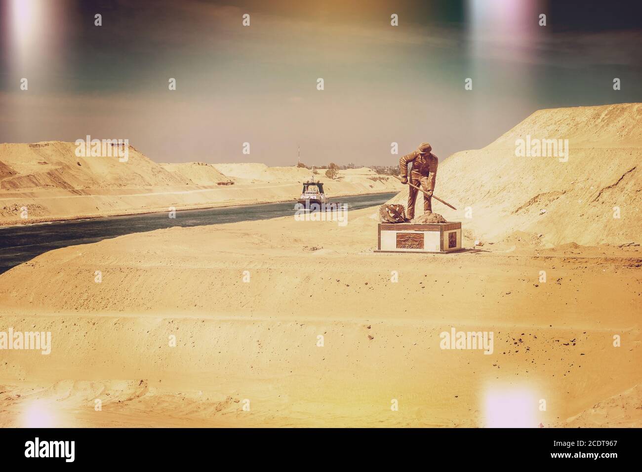 Section of the Suez Canal expansion canal with the monument for the ...