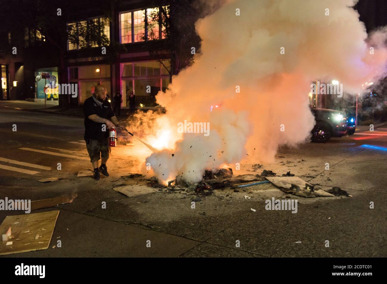 Seattle, USA - Aug 24, 2020: A fire on Pike street by the East Precinct ...