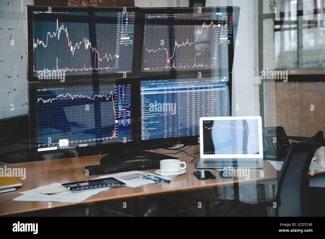 Trader Workspace. Computer screens with data candlestick chart online ...