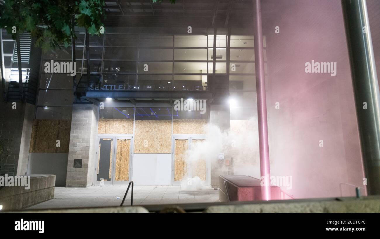 Seattle, USA - Aug 24, 2020: The West police Precinct shrouded in smoke ...