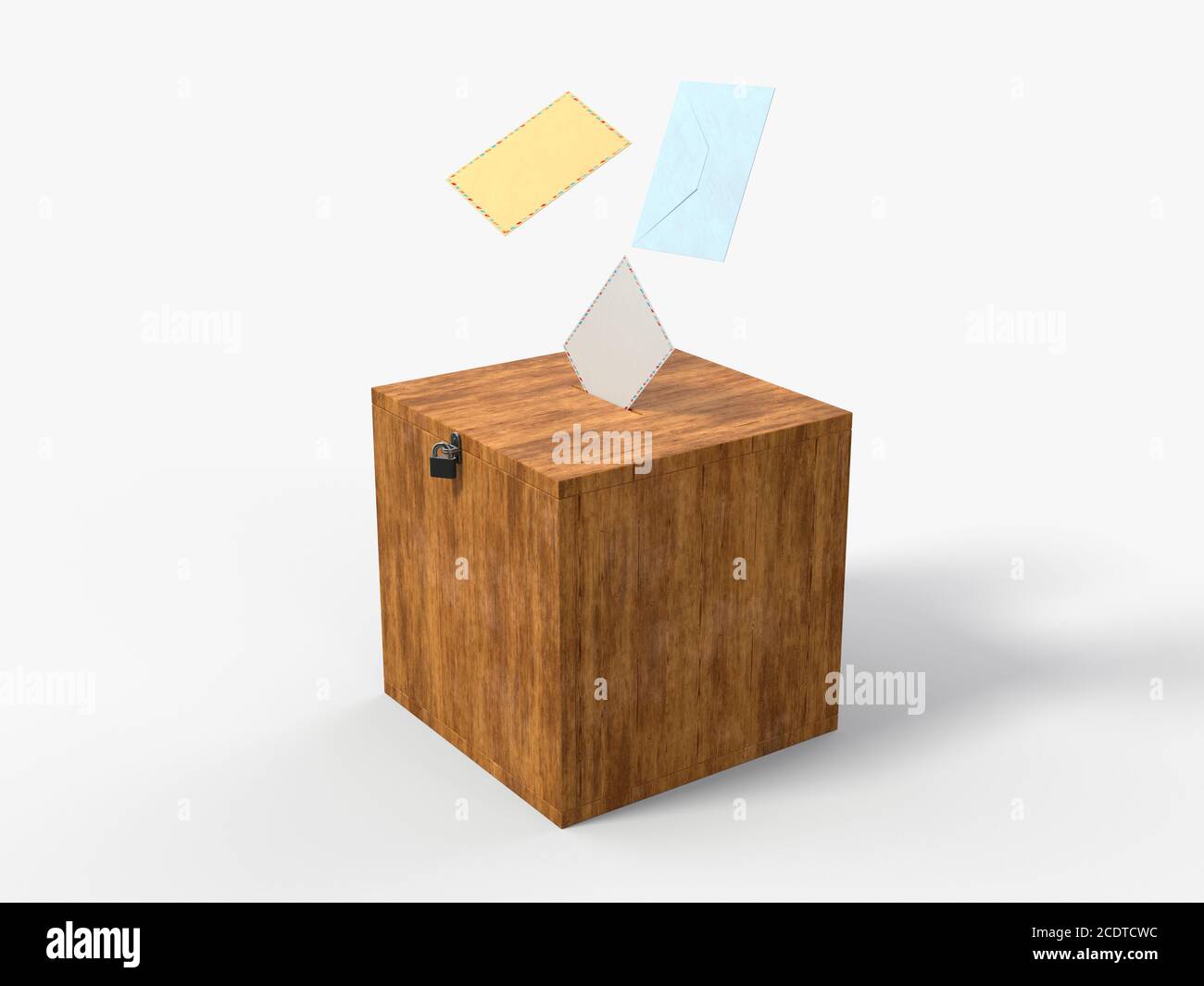 old style voting box with padlock and vote envelopes. 3D illustration ...