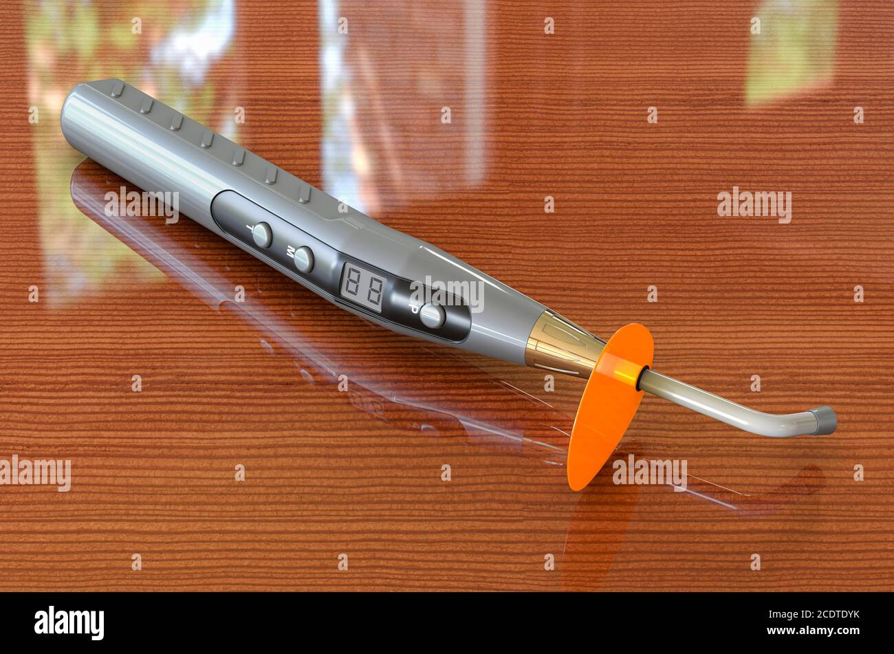 Wireless dental curing light LED on wooden table, 3D rendering Stock ...