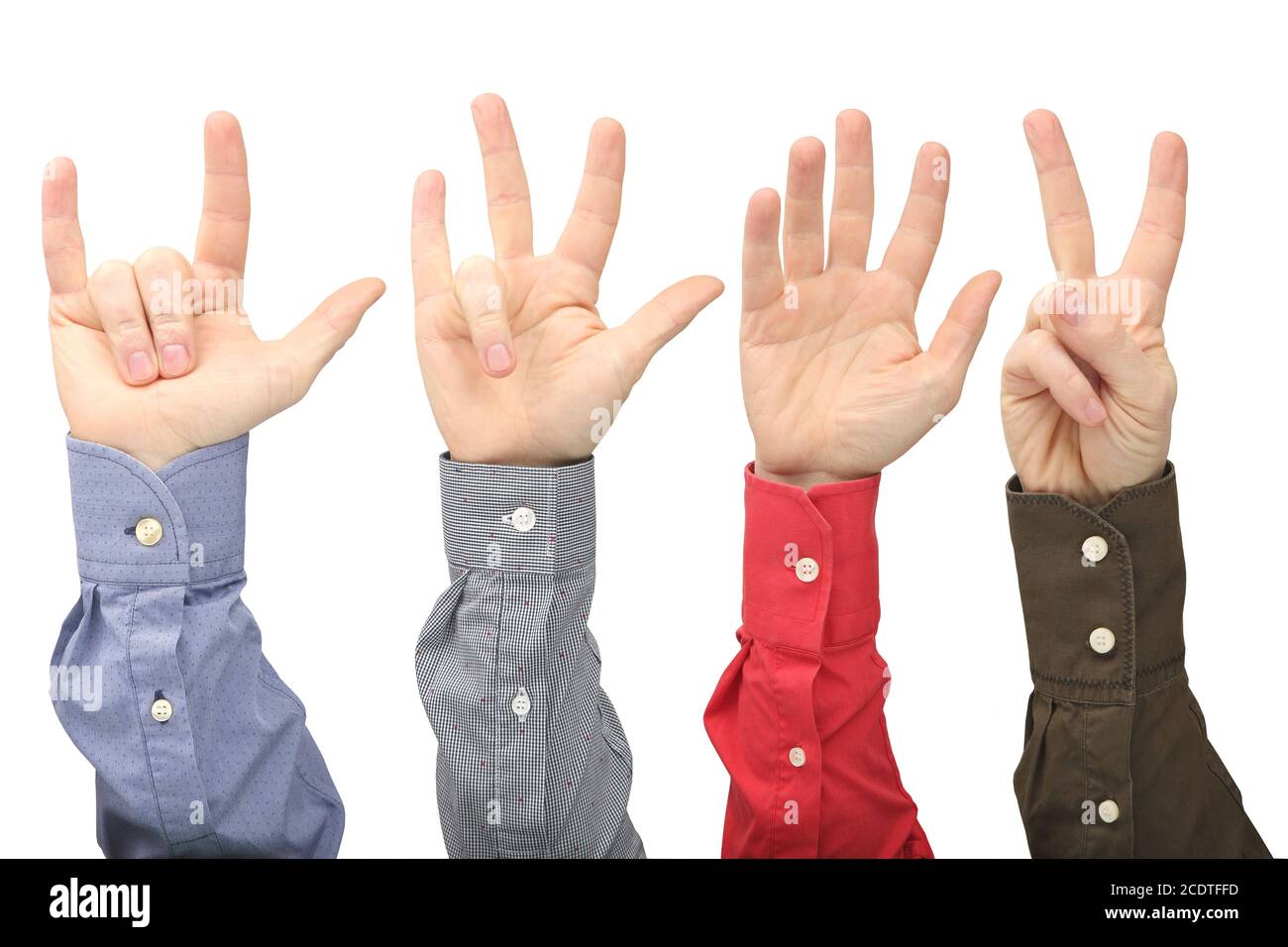 Raised hands of different men on white background. Showing the signs of ...