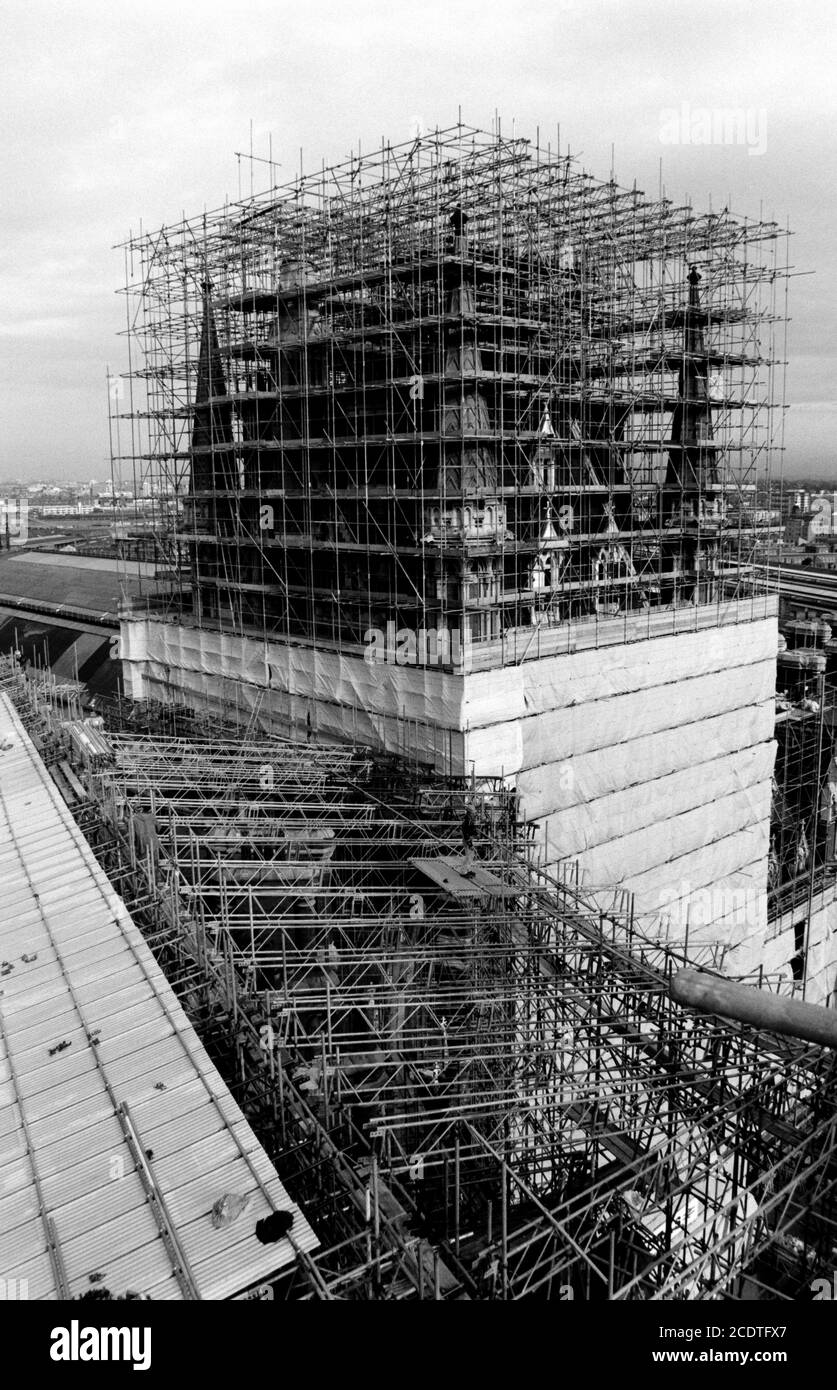 Scaffolding covers St Pancras Chambers on the Euston Road in London ...