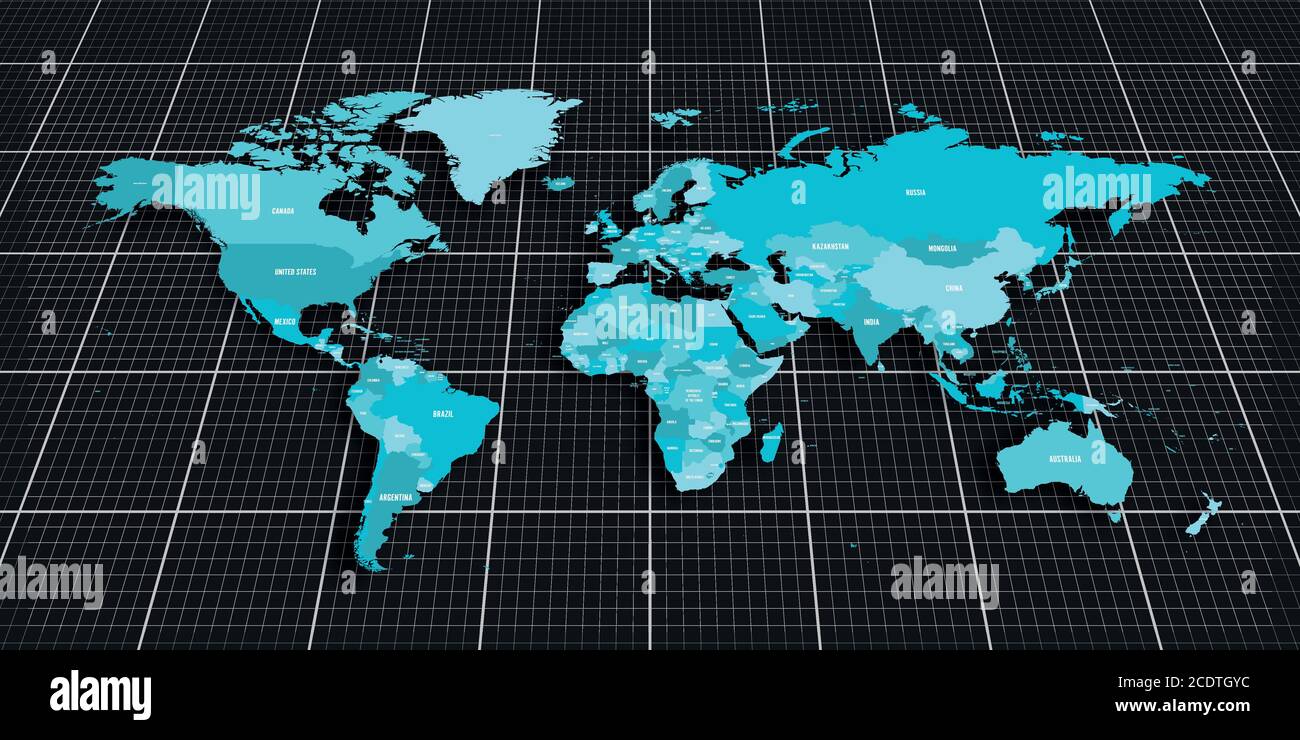 Colorful geopolitical map of World. Bottom perspective view with ...