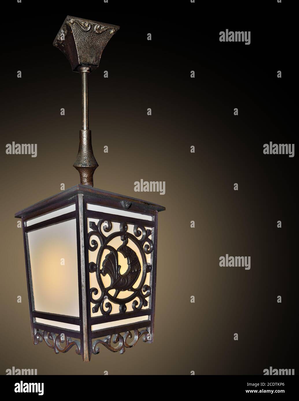 Antique metallic ceiling lantern with glass on a black background Stock ...