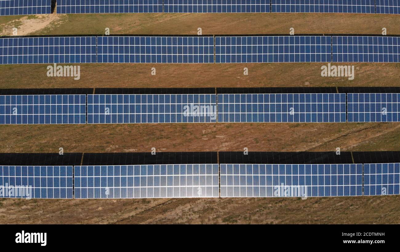 Aerial View Of Solar Panels In Field - Renewable Energy Stock Photo - Alamy