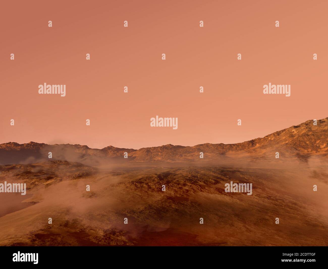 3D rendered Mars landscape with a red rocky terrain covered in fog, for ...