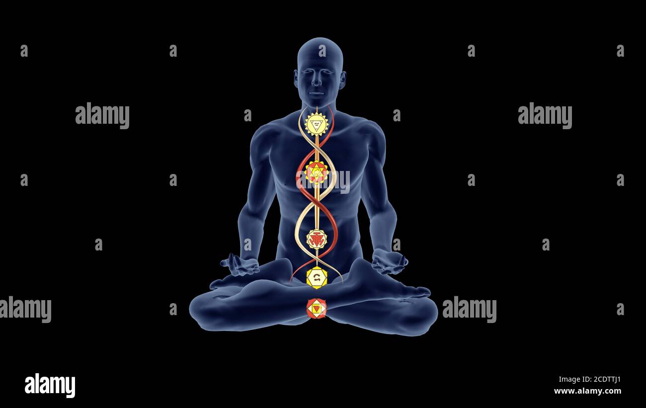 Silhouette in an enlightened Yoga meditation pose with the Hindu ...