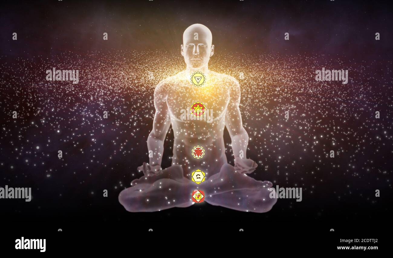 Silhouette in an enlightened Yoga meditation pose with the Hindu ...