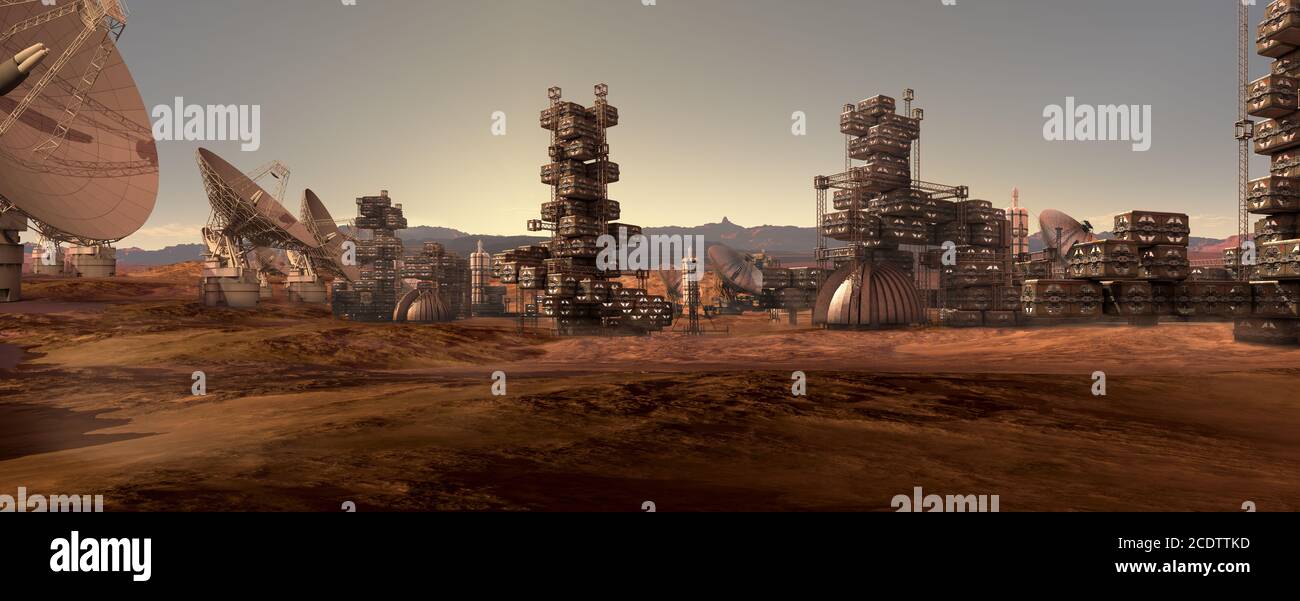 3D illustration of a Mars colony, on a red rocky terrain with an ...