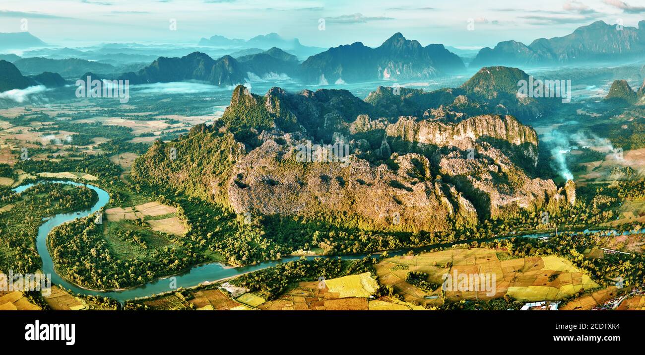 Aerial view of a rice fields in rocky mountain valley and river Stock ...