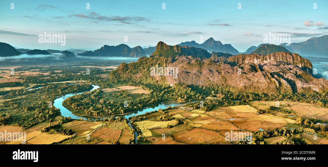 Aerial view of a rice fields in rocky mountain valley and river Stock ...