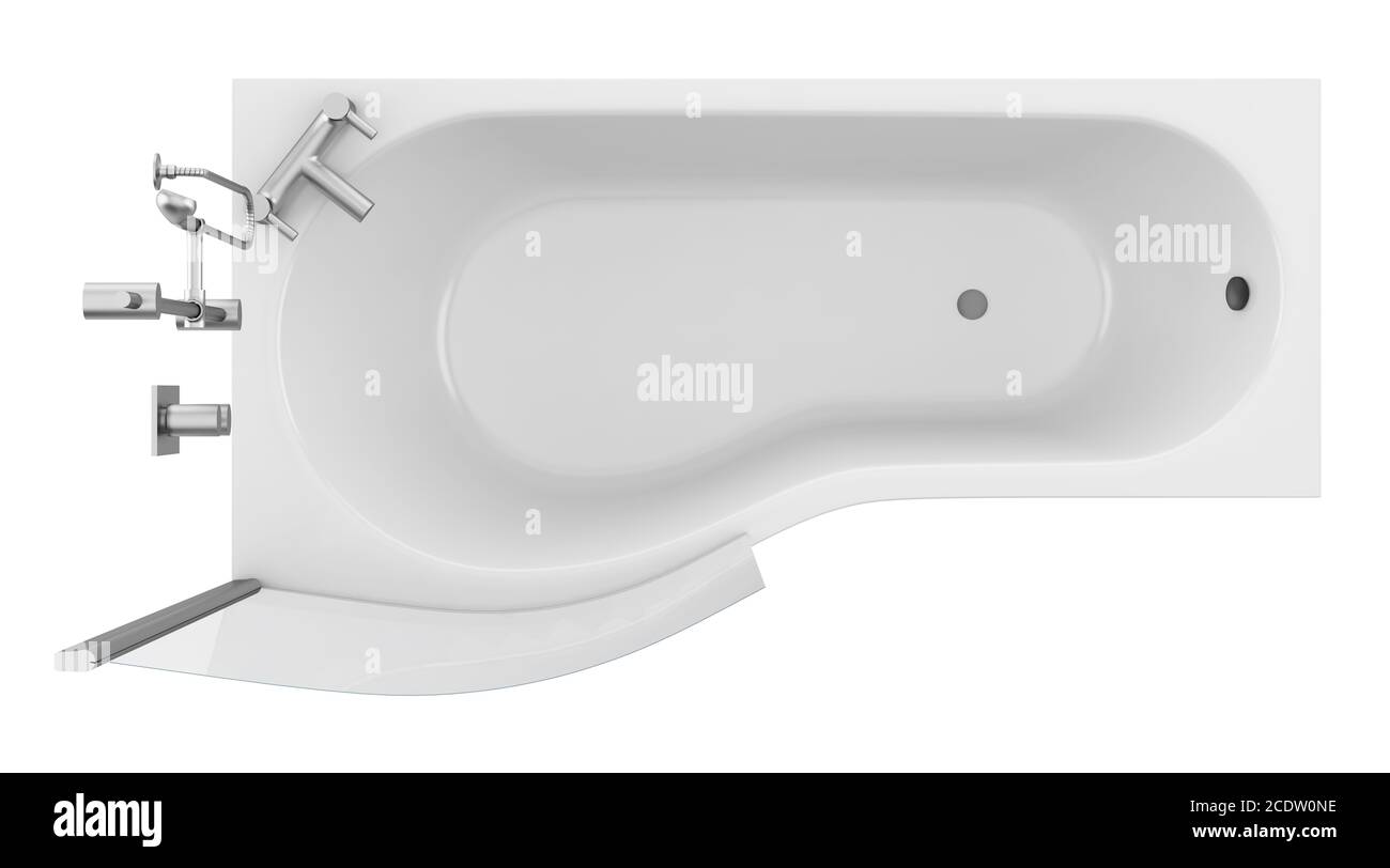 top view of modern bathtub with shower glass isolated on white ...