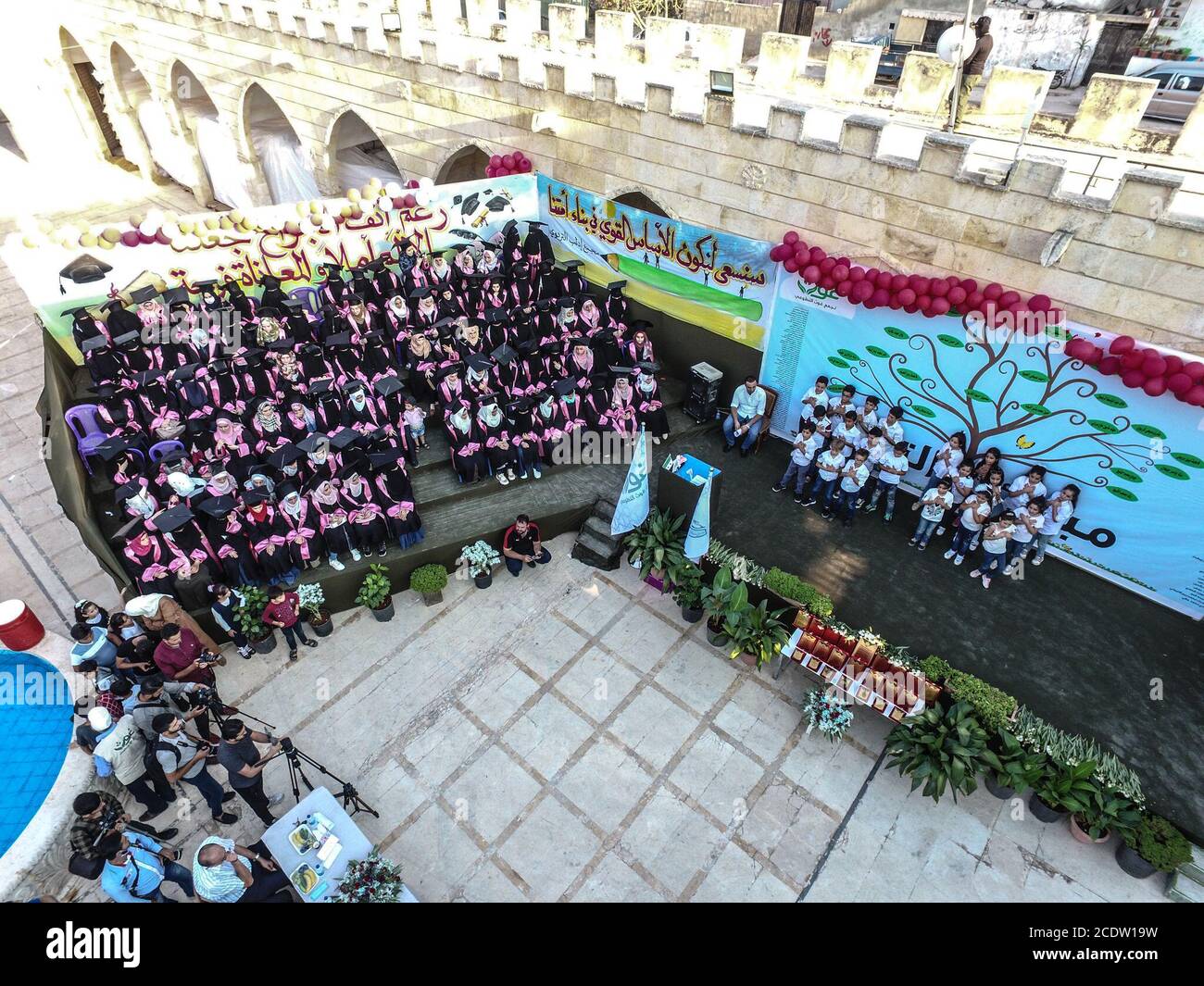 Idlib, Syria. 29th Aug, 2020. A view aerial, graduation ceremony amid ...