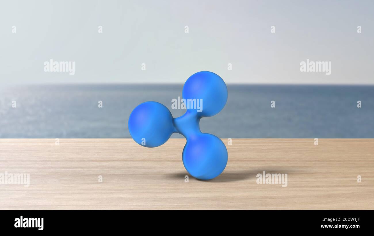 Blue xrp ripple gold sign icon on wood table blur sea with the sky. 3d ...