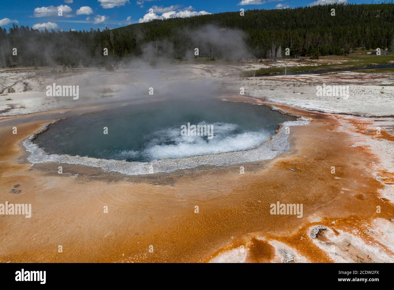 Crested Pool with deep blue hot bubbling water and steam in a harsh ...