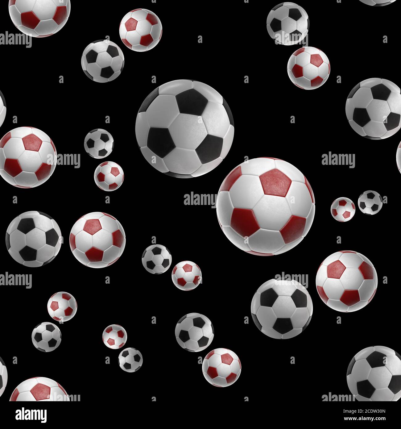 red Soccer-balls isolated on black background seamless pattern 3d ...
