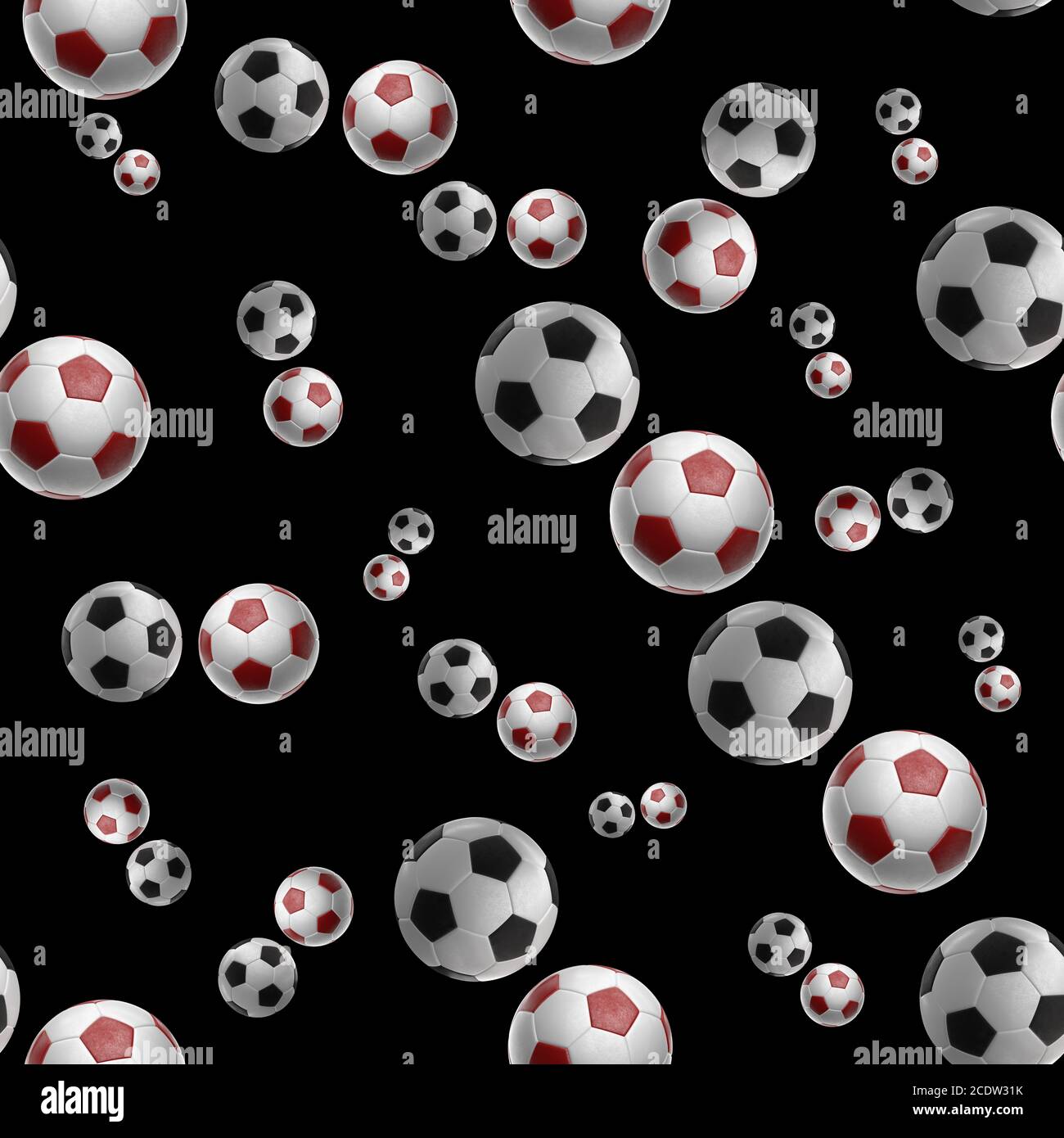 red Soccer-balls isolated on black background seamless pattern 3d ...