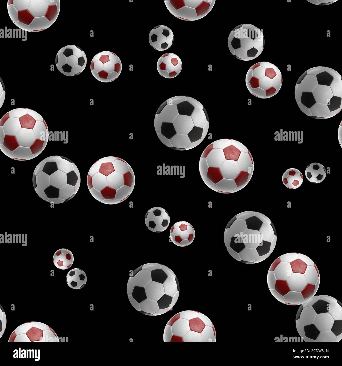 red Soccer-balls isolated on black background seamless pattern 3d ...