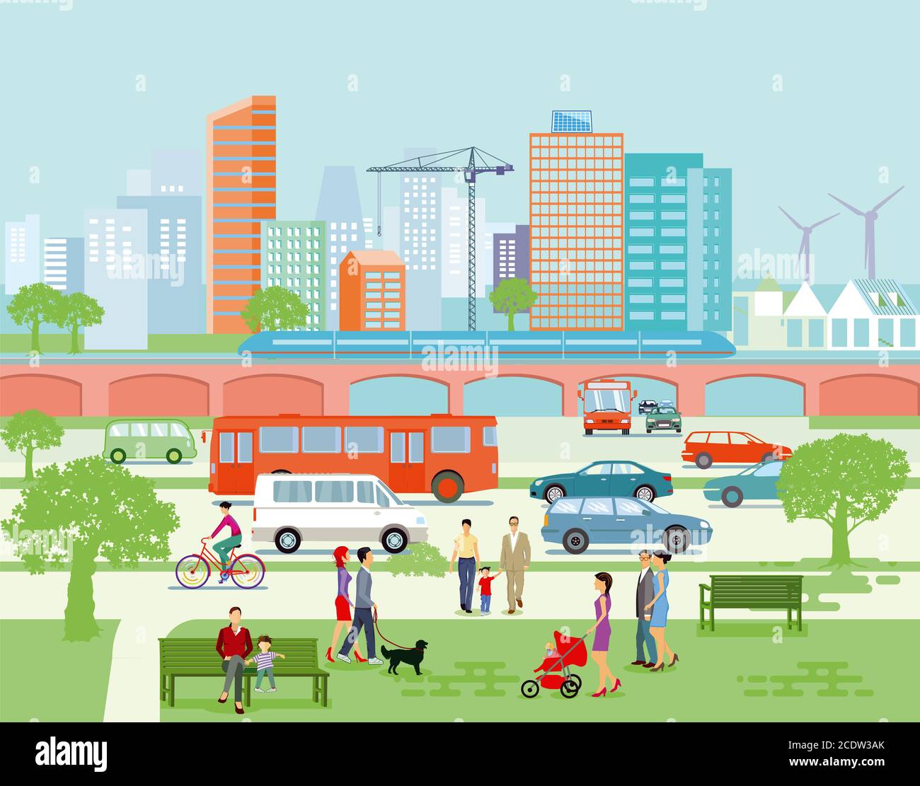 Large city panorama with road traffic and pedestrians Stock Photo - Alamy