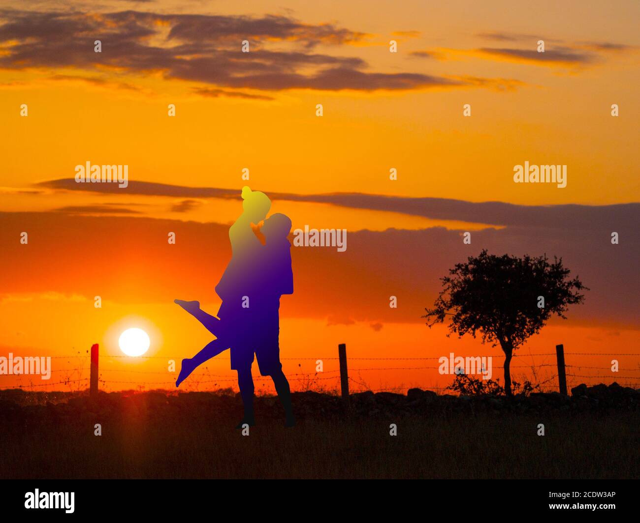 Romantic couple on countryside at the sunset with the sun and one tree ...