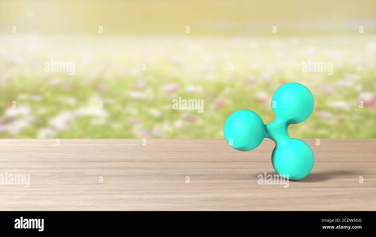 Azure xrp ripple gold sign icon on blur field of flowers. 3d render ...