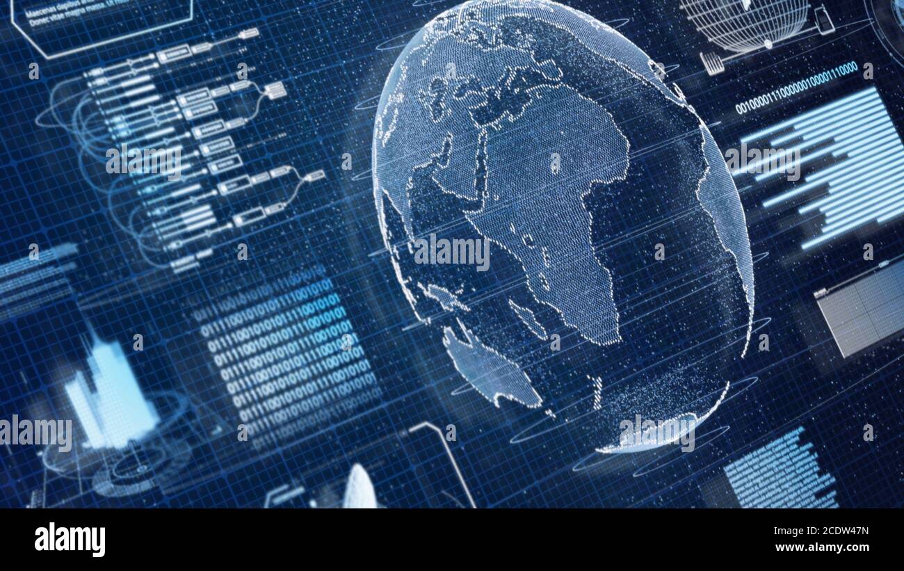 Blue digital HUD Earth world information scanning hologram user ...