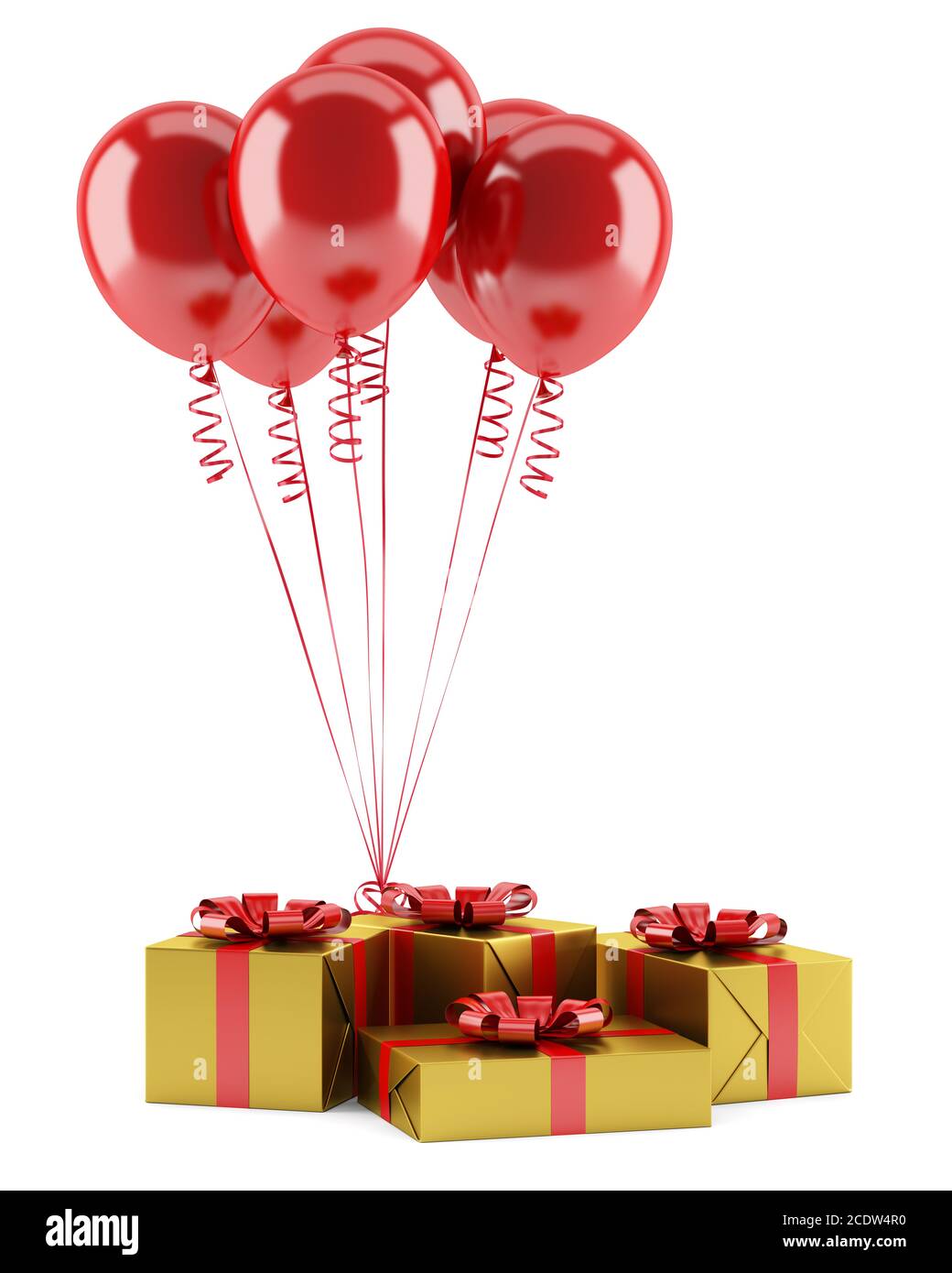 yellow gift boxes with red ribbons and balloons isolated on white ...