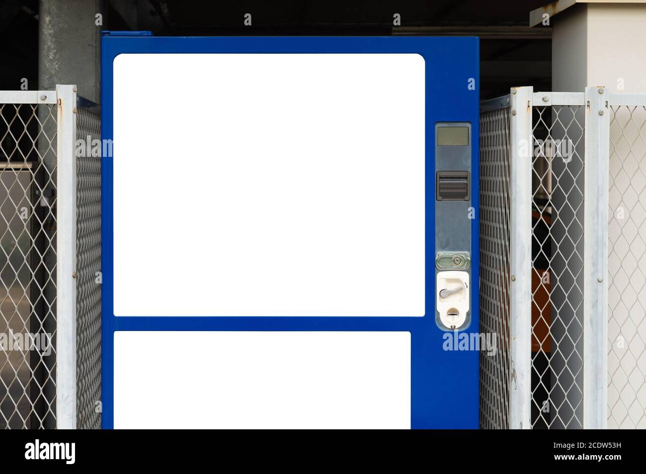 Empty white shelves of standard office vending machine Stock Photo - Alamy