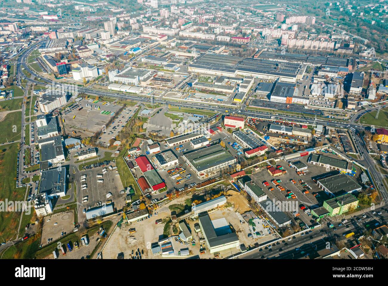 aerial panoramic view of city industrial district with many ...