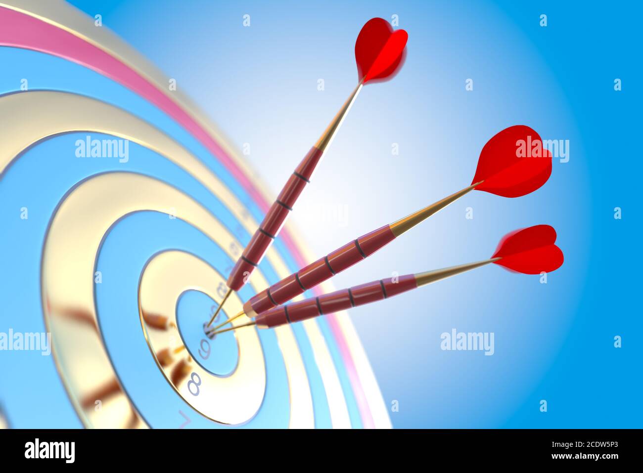 Two three red darts hitting the bullseye aim. concept of success 3d ...